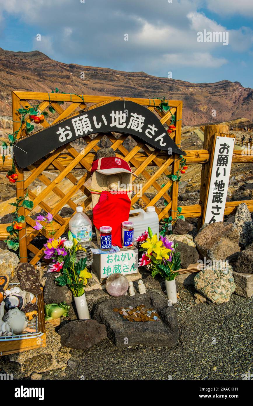 Japanese warning sign on the Crater rim of Mount Naka, an active ...
