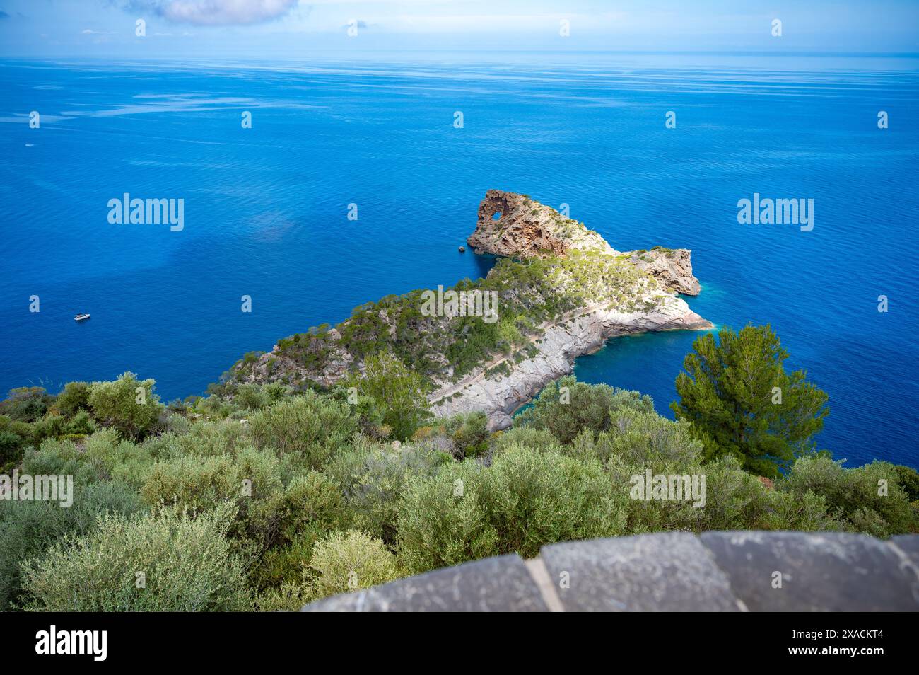 Sa Foradada, Majorca aerial view during sunrise, illuminated rock ...