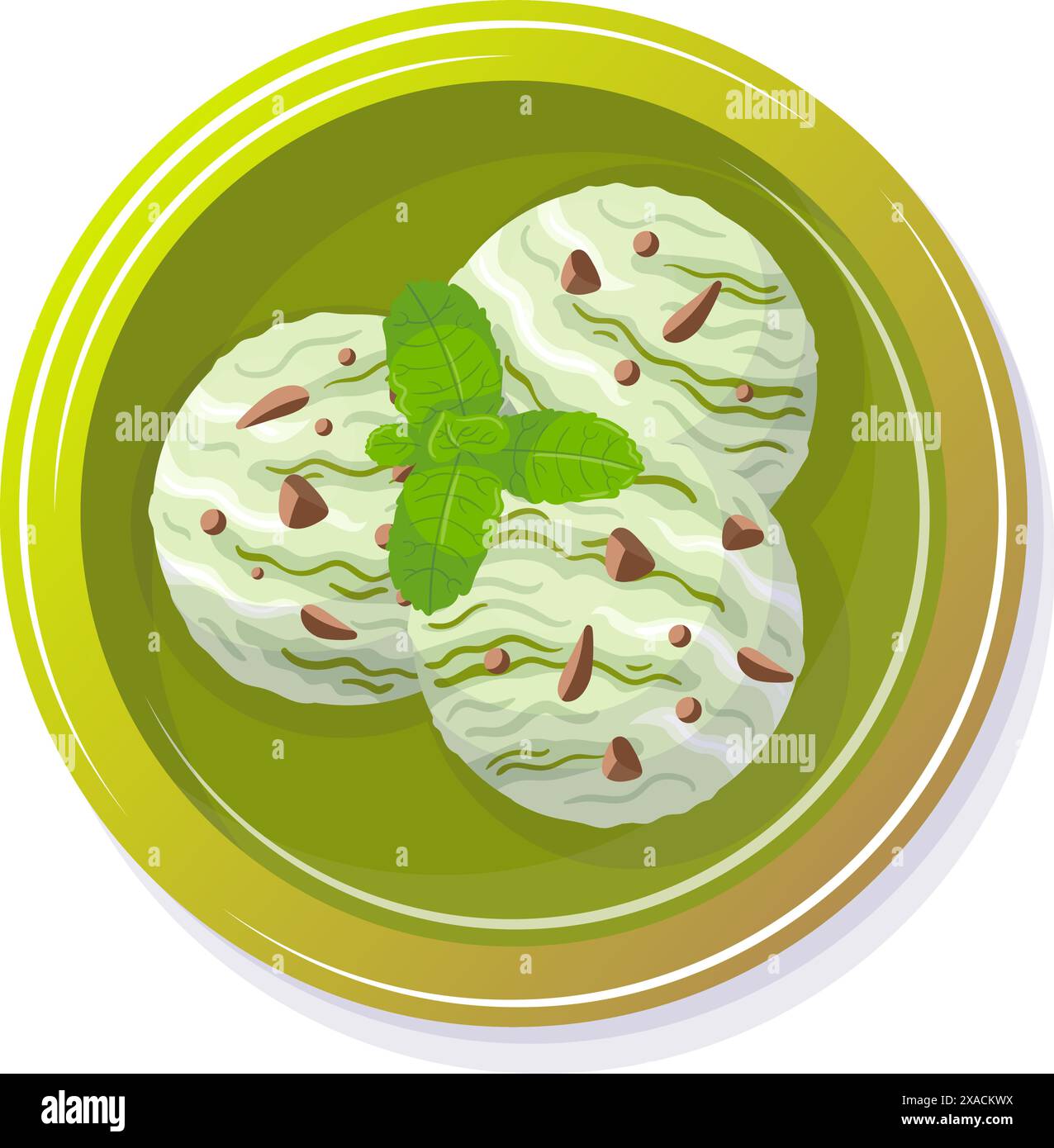 Mint green ice cream balls with chocolate chips and leaves. Cold summer ...