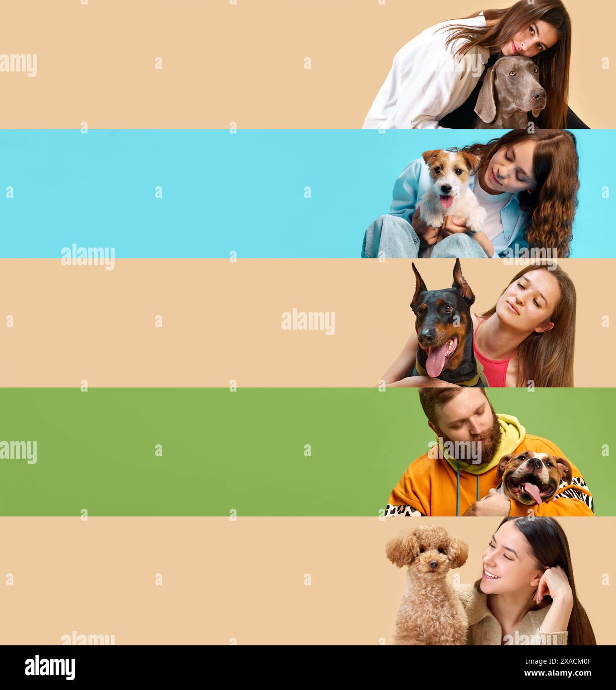 Vibrant collage. Portraits of different young people playing with their ...