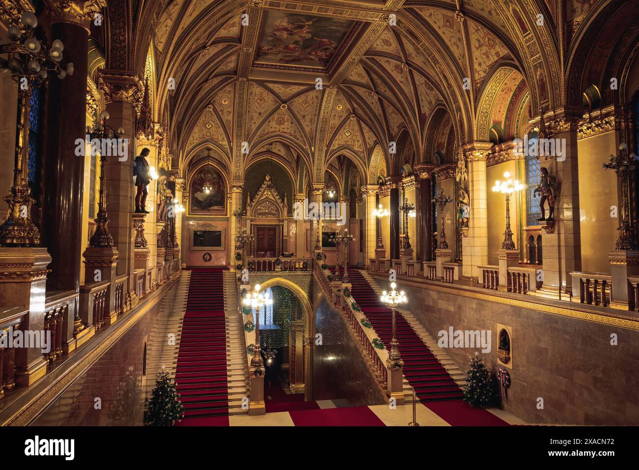 Hall with staircase and decoration inside Hungarian Parliament ...