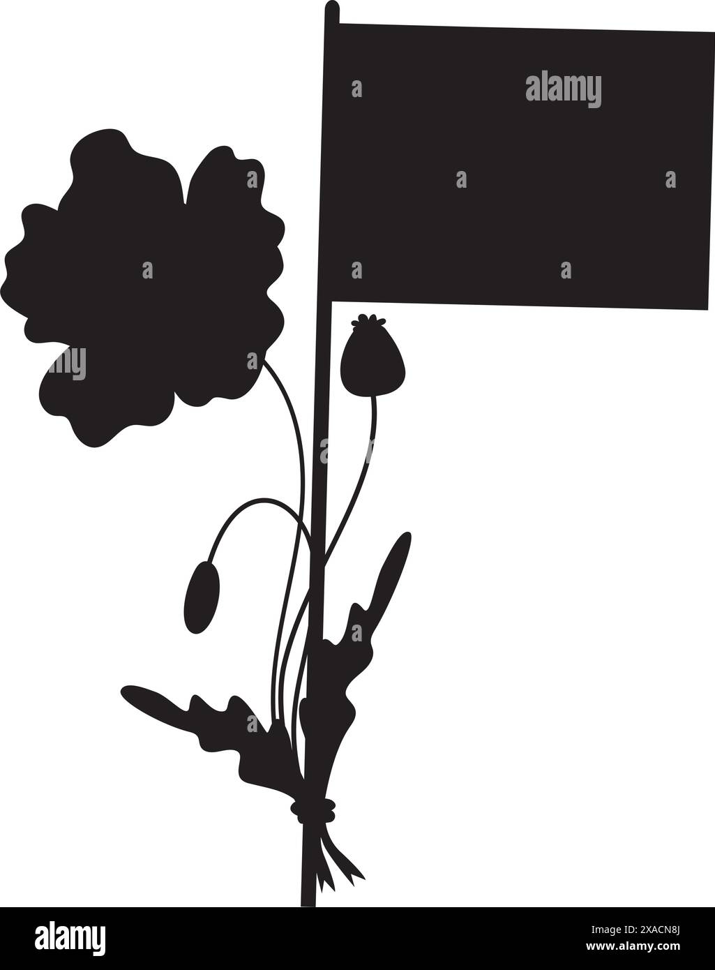 Memorial Day. Flag with poppy flower. Black silhouette hand drawing ...