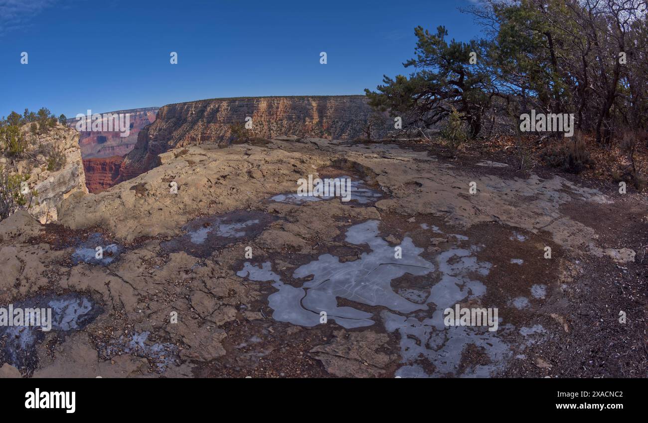 Frozen water puddles along the cliffs of Grand Canyon east of the ...