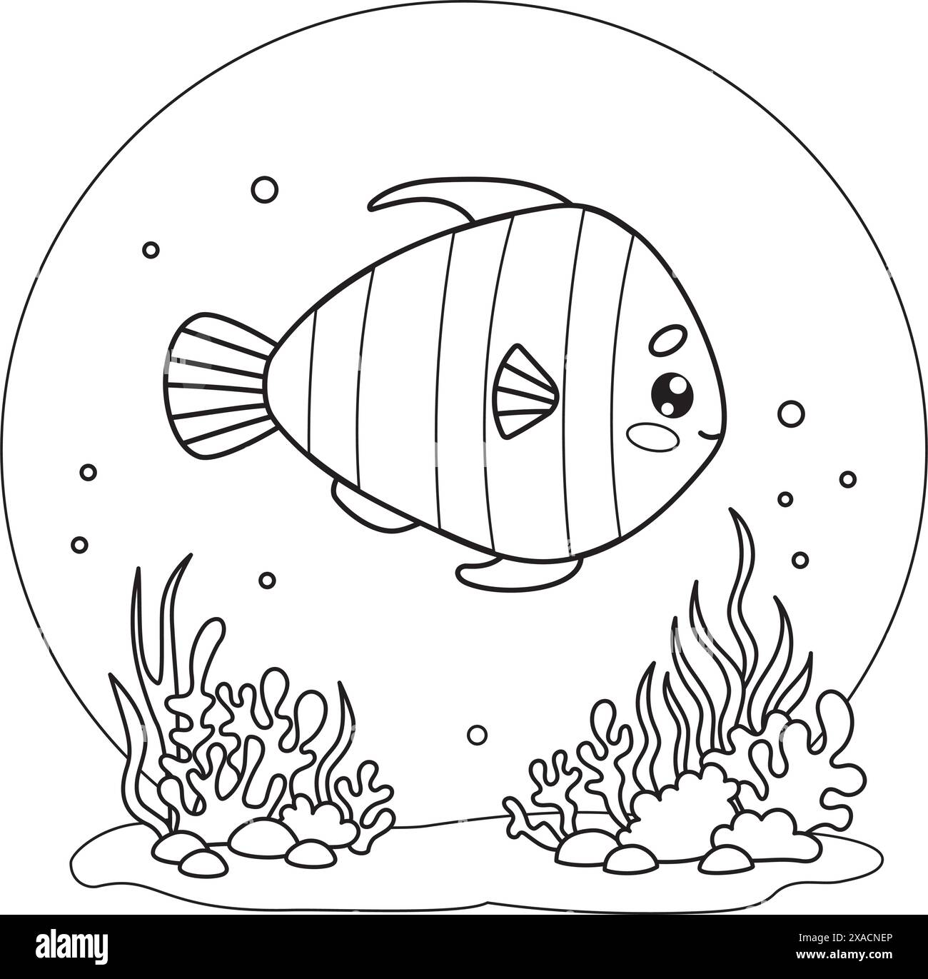 Outline fish with algae, coral and sandy bottom. Underwater world with ...