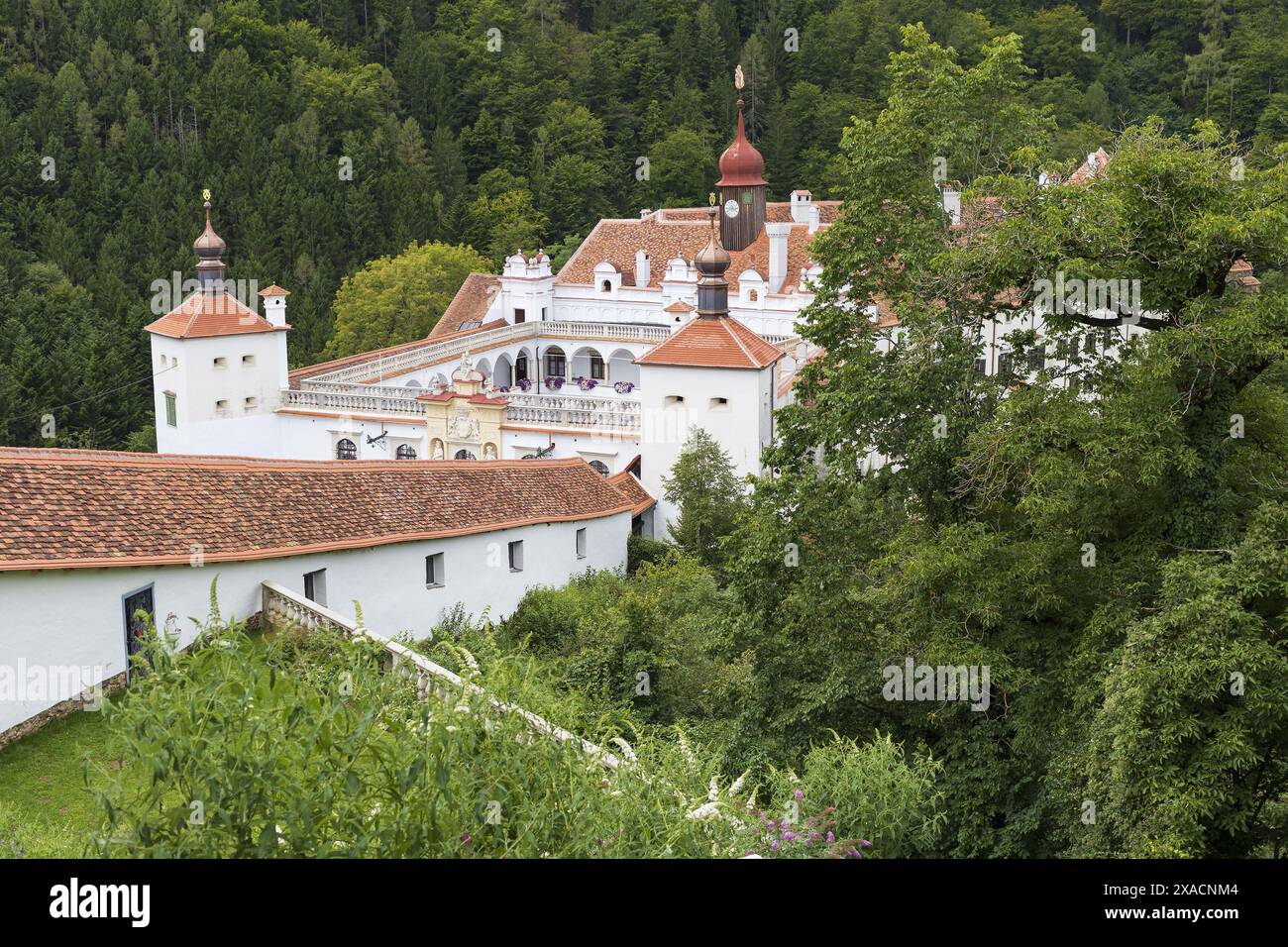 Old white baroque castle with red tiled roof, surrounded by forest in ...
