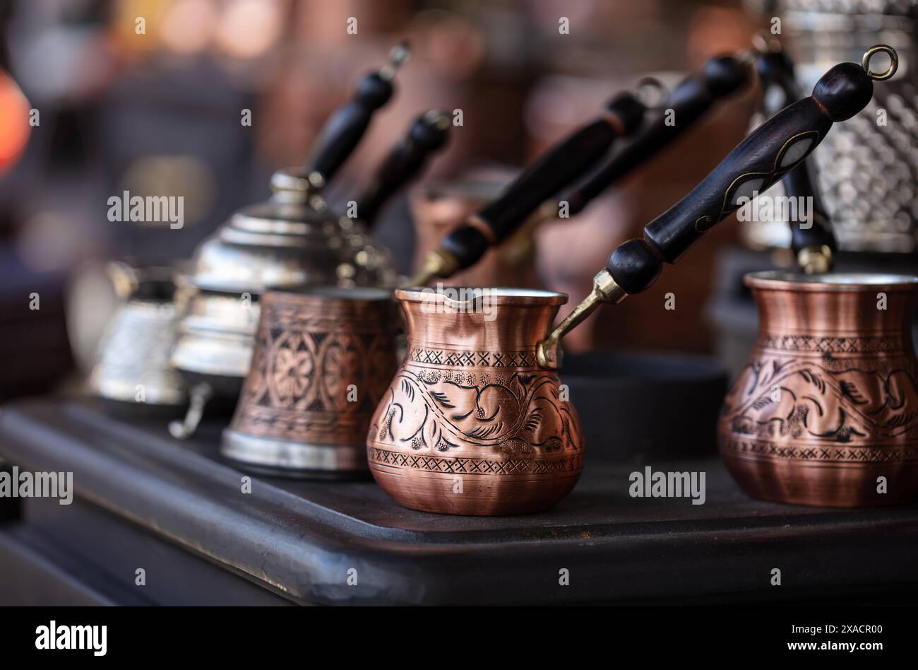 Copper craftsmanship, coffee makers, Turkish jezwa, at the Grand Bazaar ...