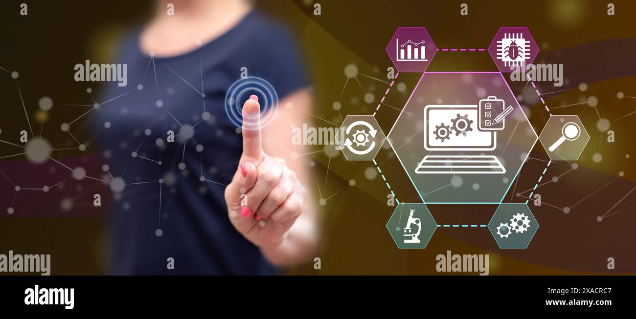 Woman touching a software testing concept on a touch screen with her ...