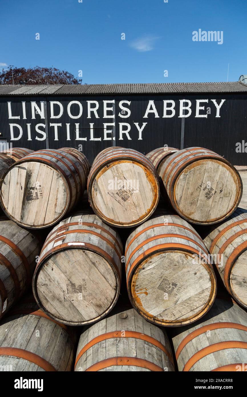 Whisky barrels outside Lindores Abbey Distillery, Lindores, Newburgh ...