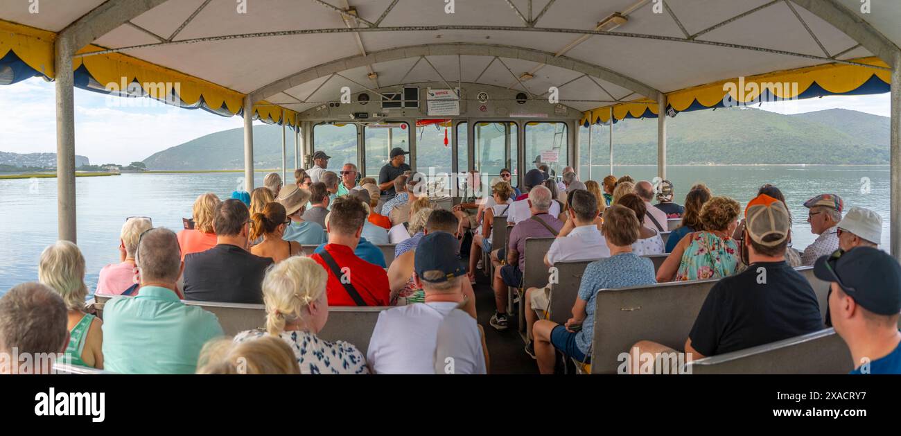 View onboard cruise boat on Knysna River with Featherbed Nature Reserve ...