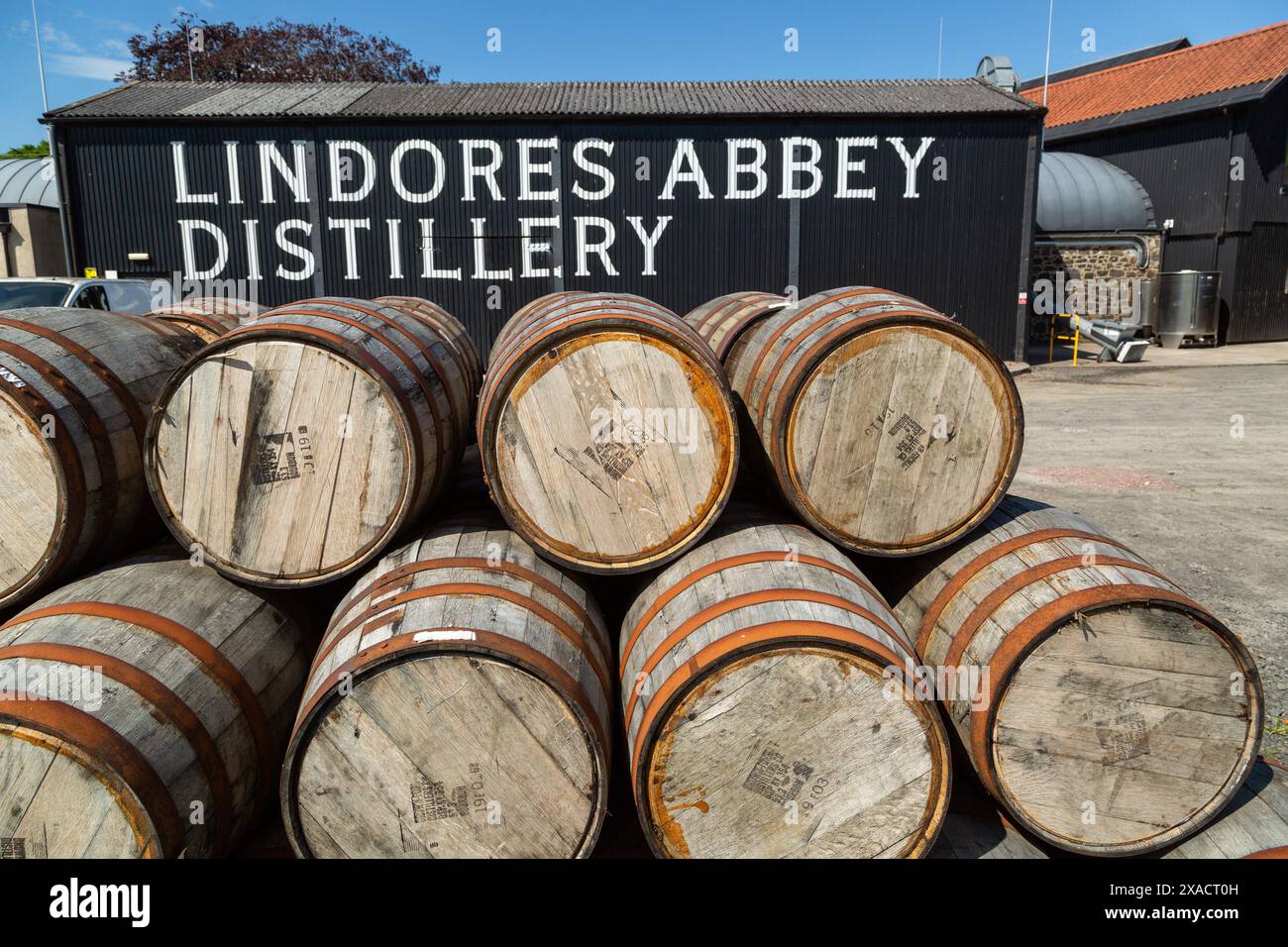 Whisky barrels outside Lindores Abbey Distillery, Lindores, Newburgh ...