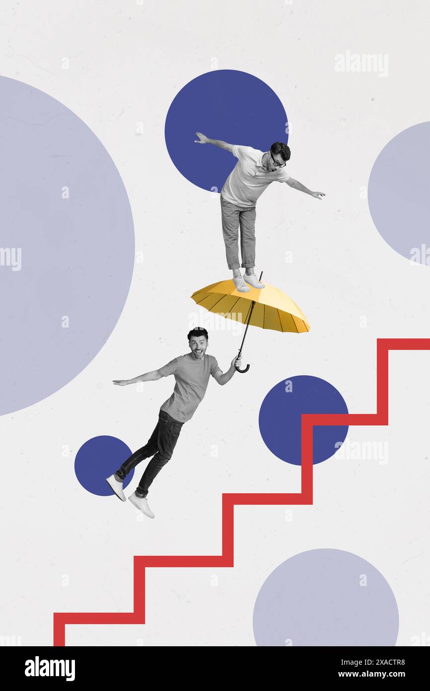 Trend artwork sketch composite photo collage of two young man happy fly umbrella guy stand keep ...
