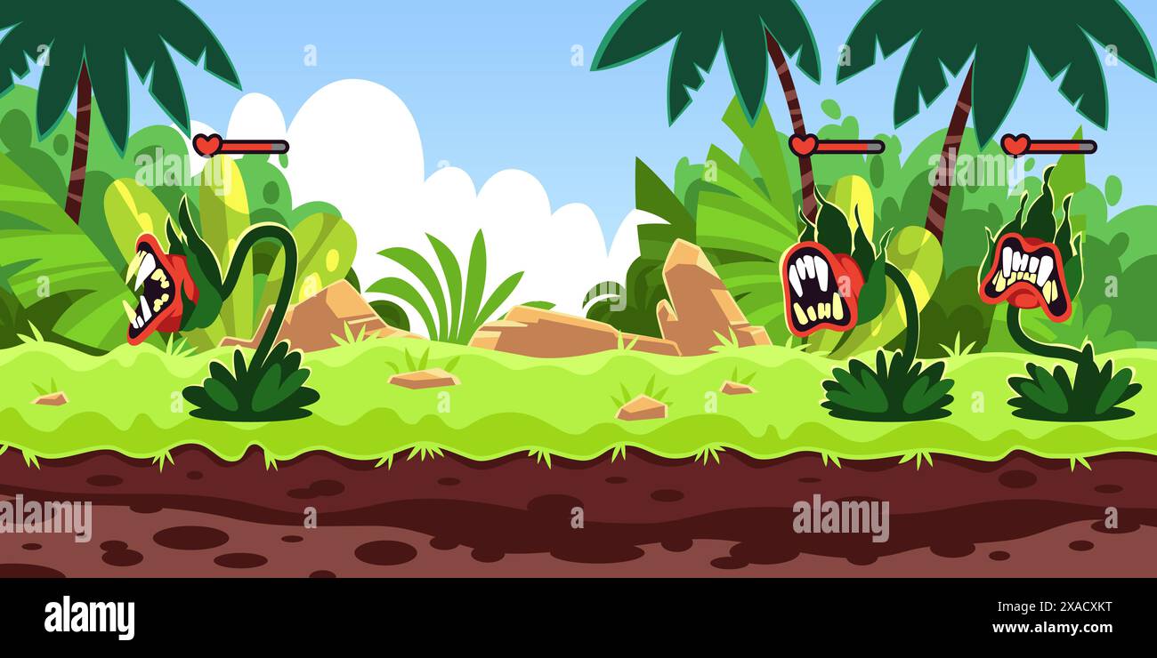 Game location with plant monsters. Scary alien flowers with life ...