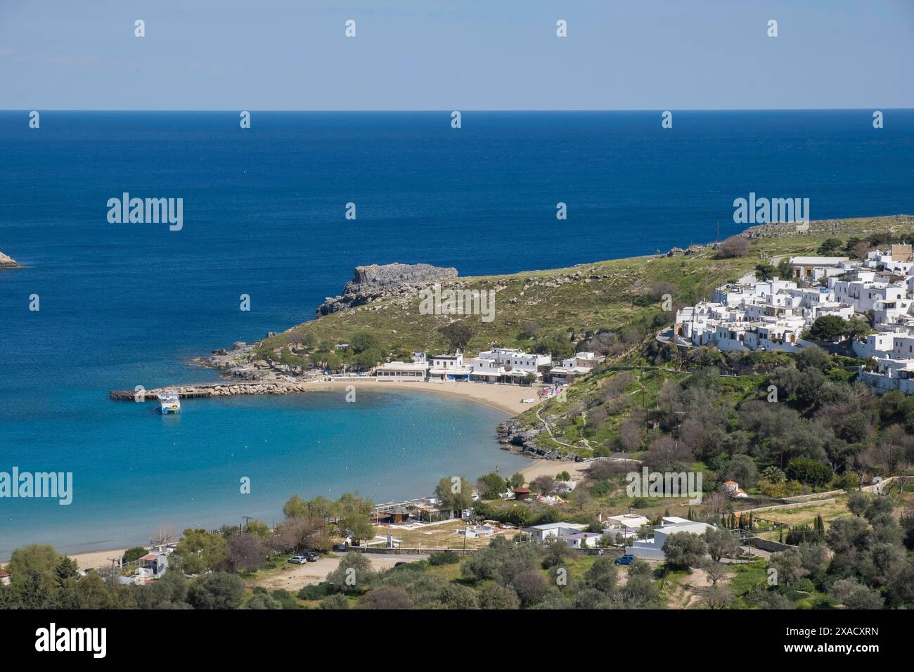 View of Pallas Beach, Lindos, Rhodes, Greek island, Greece Stock Photo ...