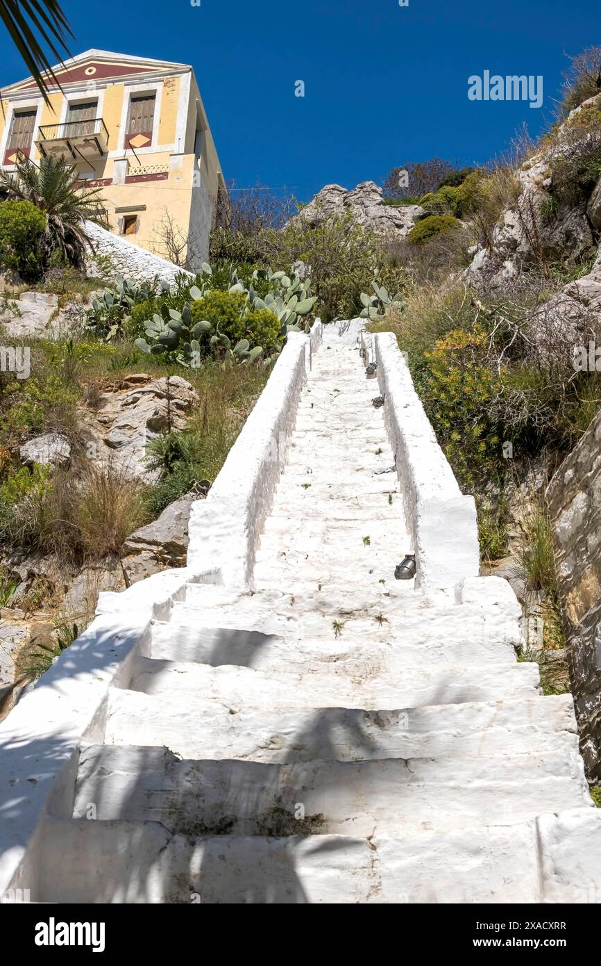 Steep staircase in Symi, Symi Island, Dodecanese, Greek Islands, Greece ...