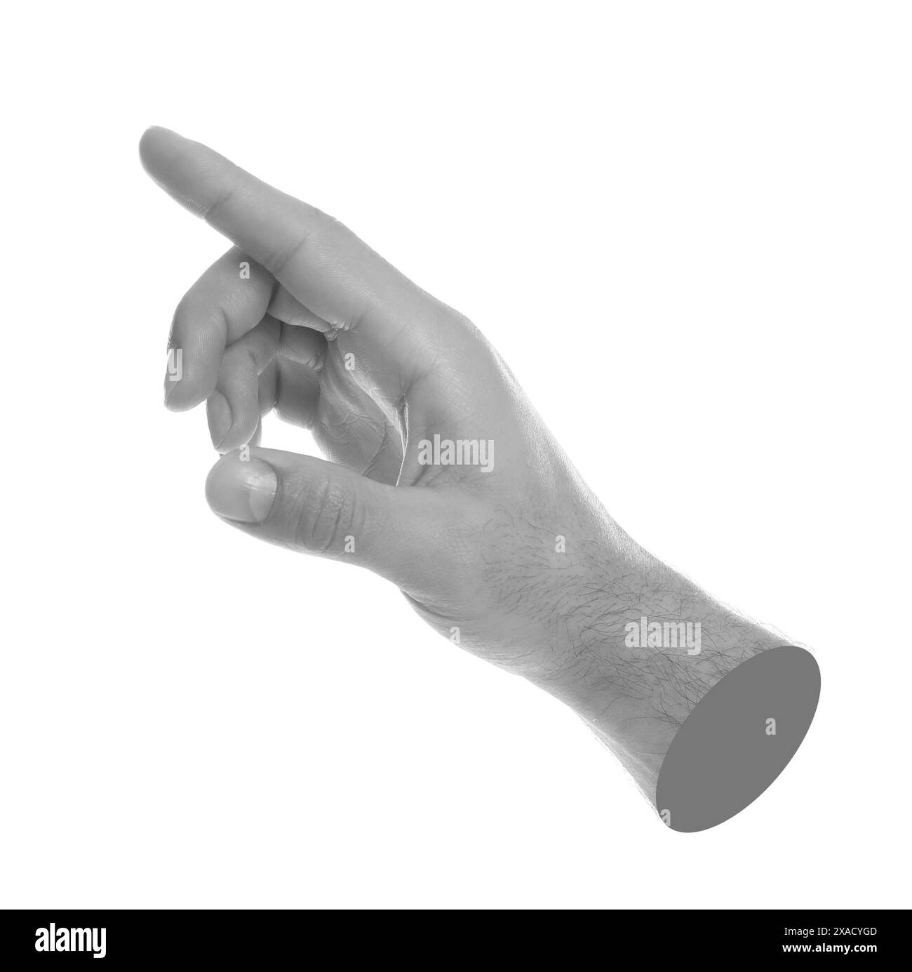 Man's hand pointing at something on white background. Black and white ...