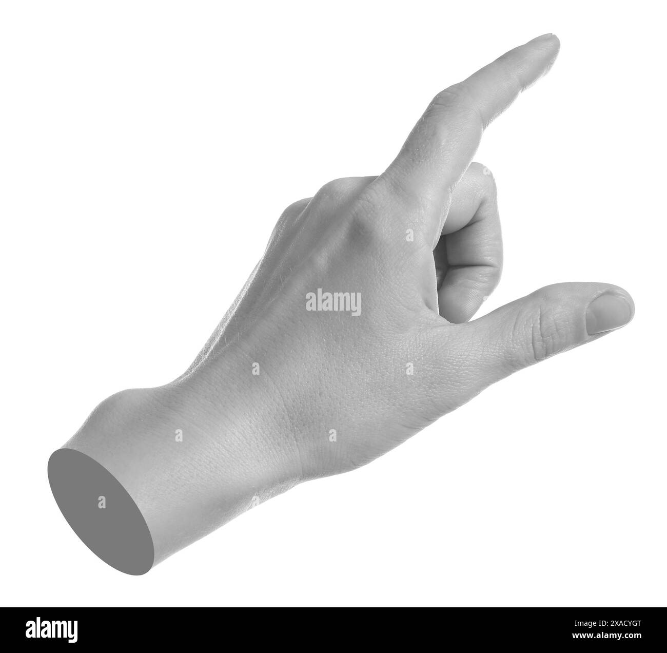 Woman's hand pointing at something on white background. Black and white ...