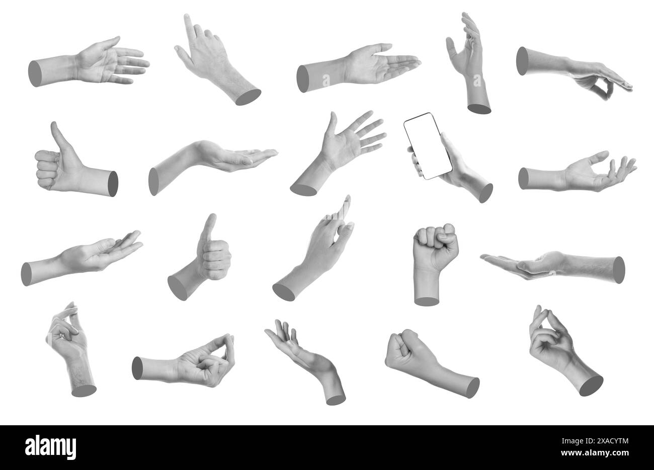 Set of different hand gestures isolated on white, black and white Stock ...