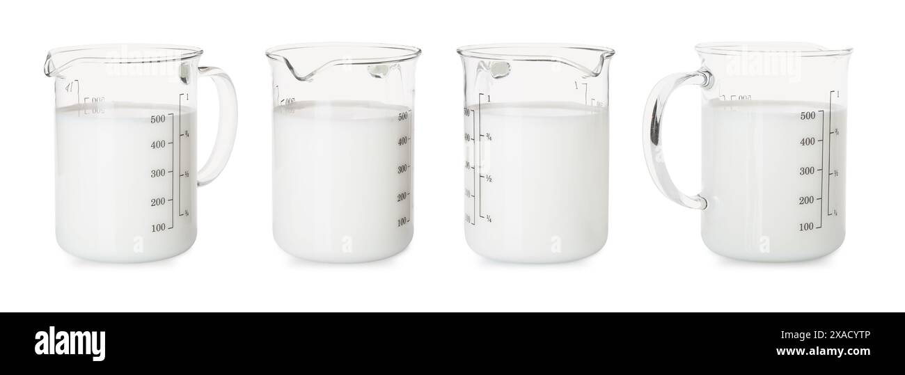 Fresh milk in measuring cup isolated on white, set Stock Photo - Alamy