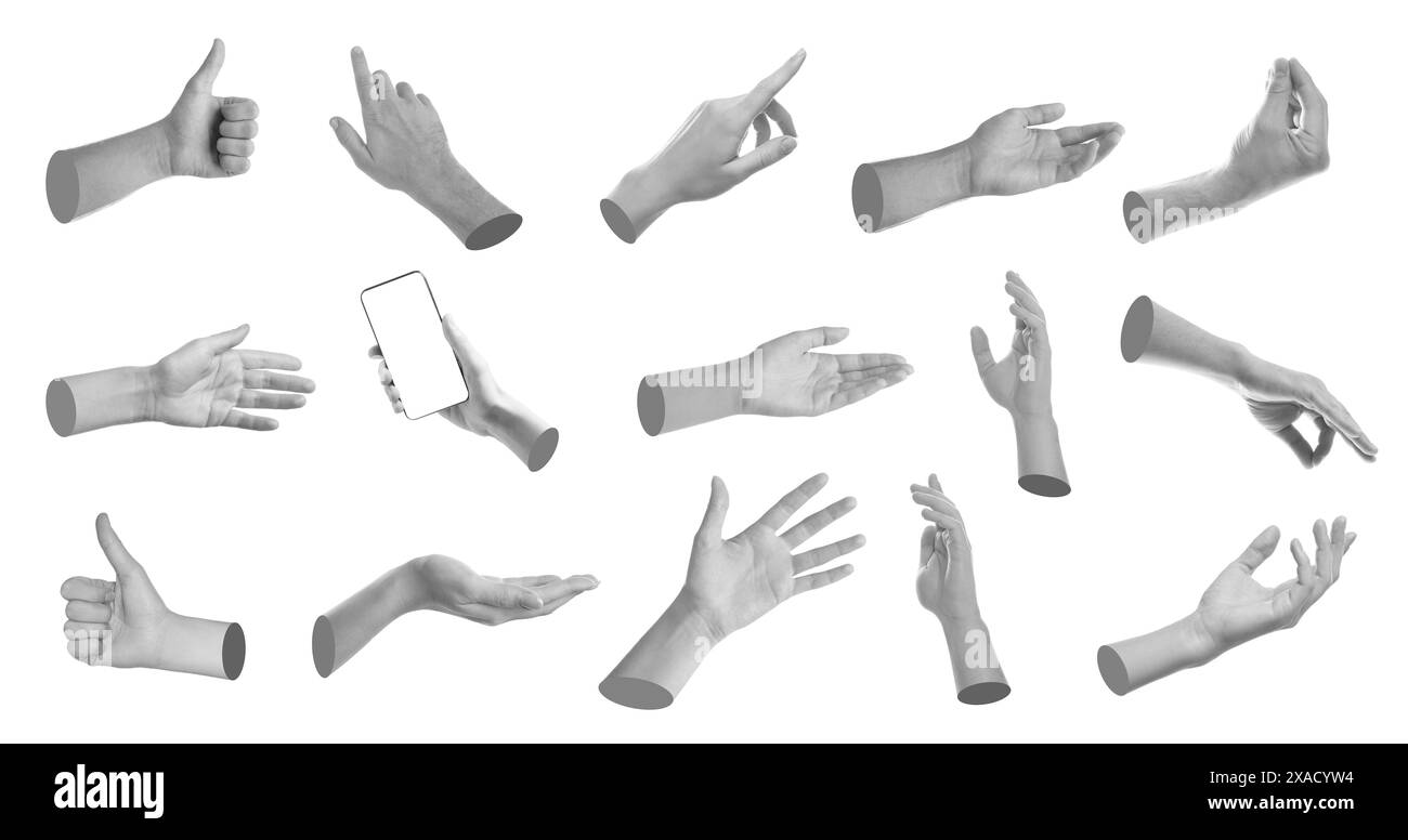 Set of different hand gestures isolated on white, black and white Stock ...