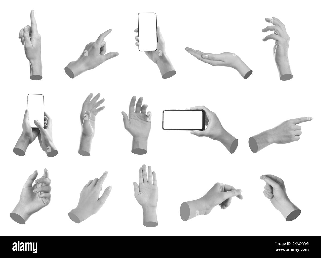Set of different hand gestures isolated on white. Black and white ...