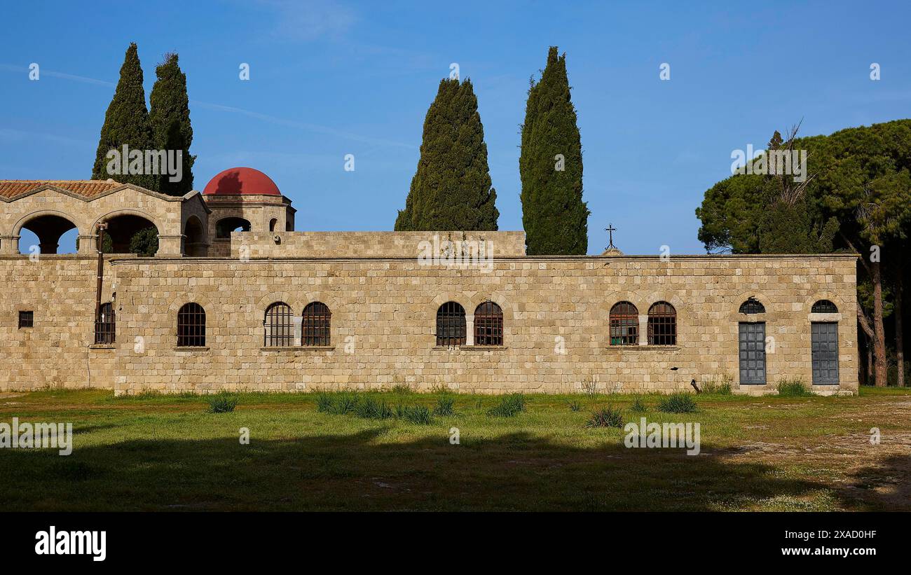 Monastery of Our Lady of Mount Filerimos, Old stone wall of a historic ...