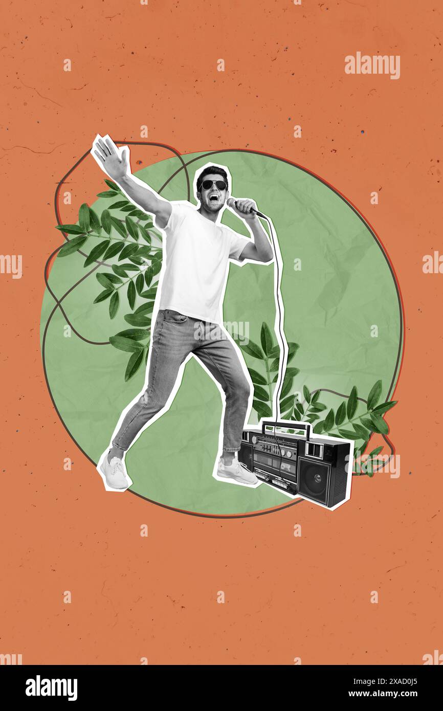 Creative template collage of cool guy sing song mic with boom box on ...