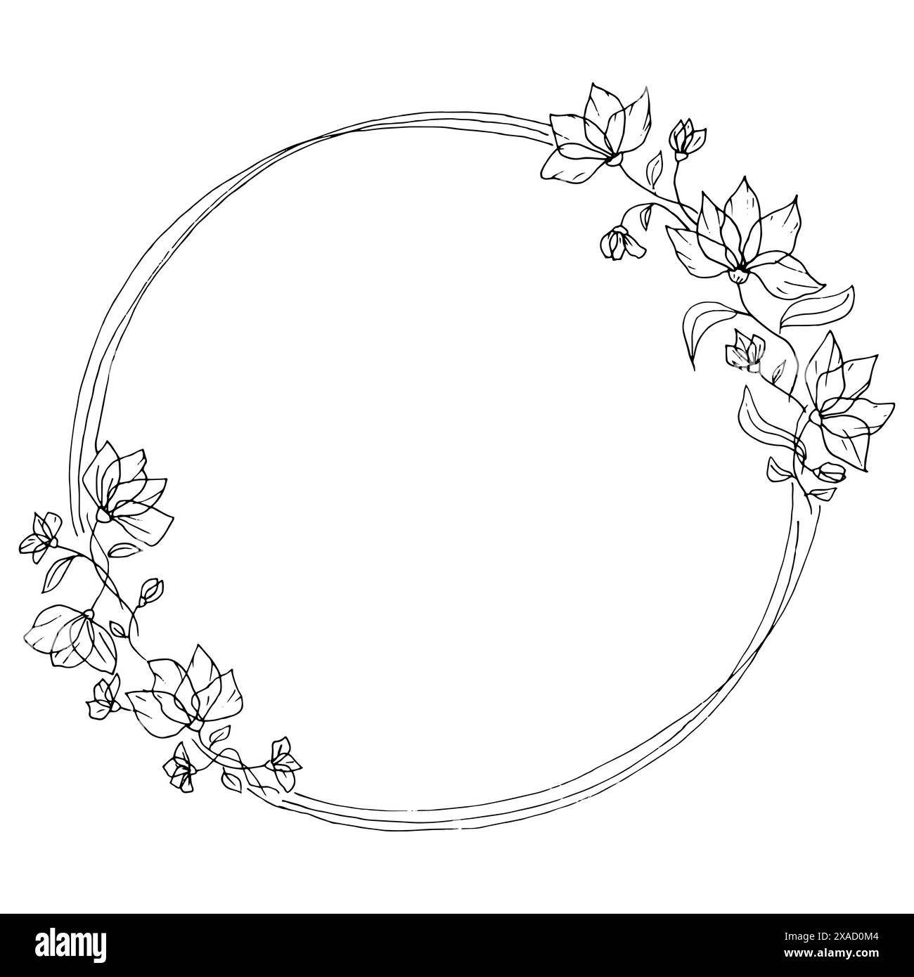 Hand drawn floral border. Black and white floral wreath for wedding ...
