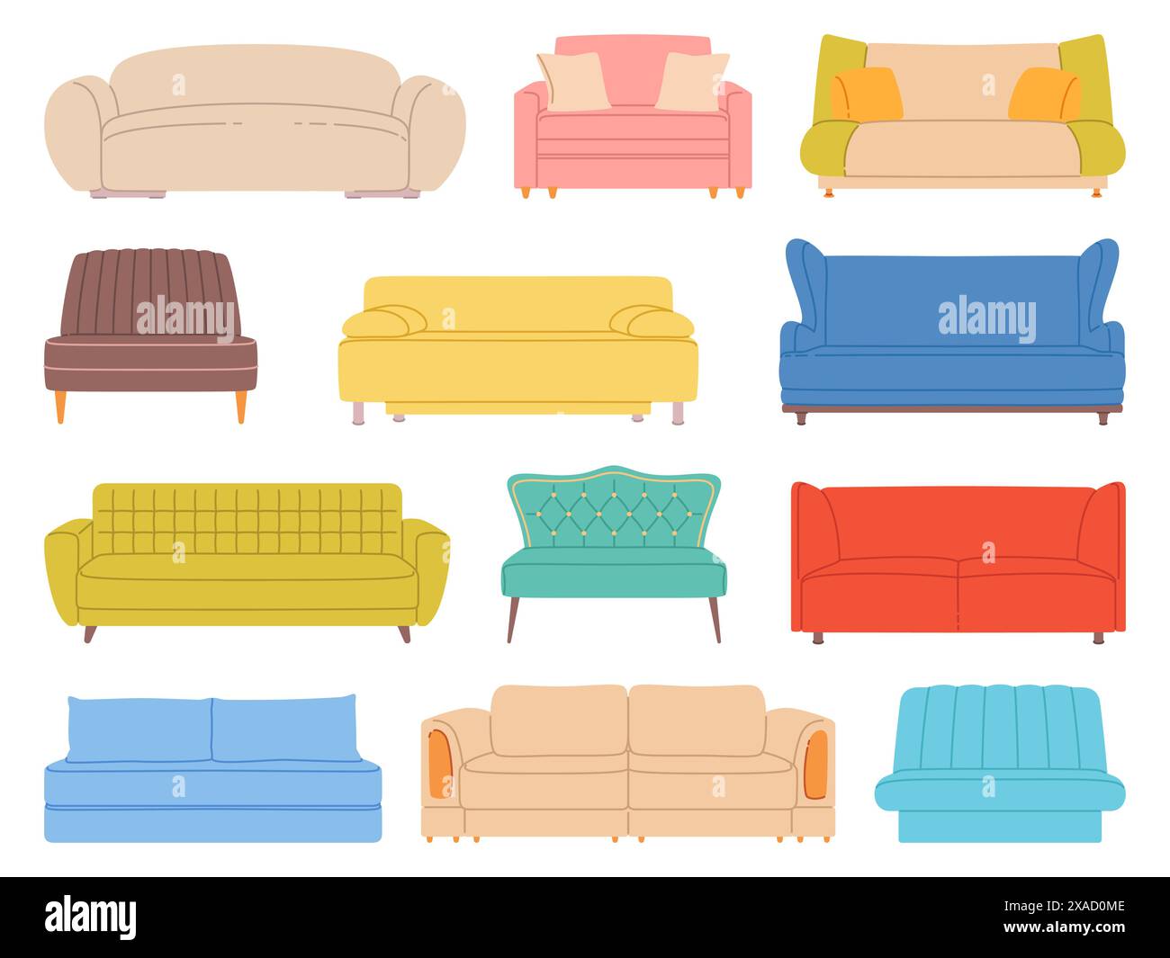 Cartoon couches and sofas. Home interior soft comfort furniture with ...