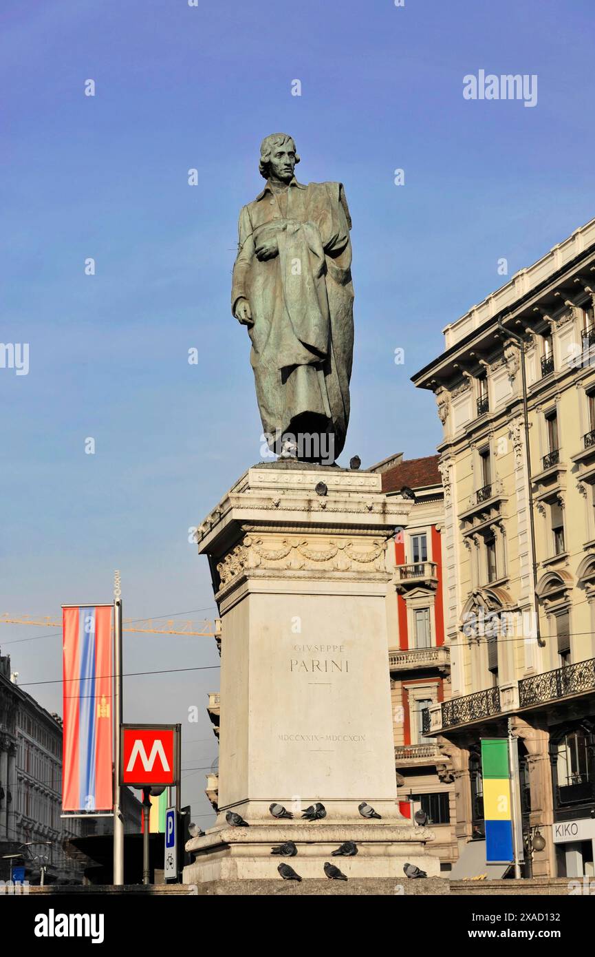 Milan, Lombardy, Italy, Europe, Large statue of Giuseppe Parini on a ...