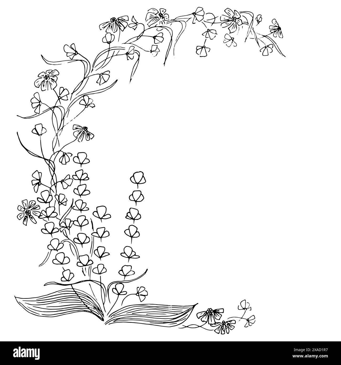 Hand drawn floral border. Black and white floral wreath for wedding ...