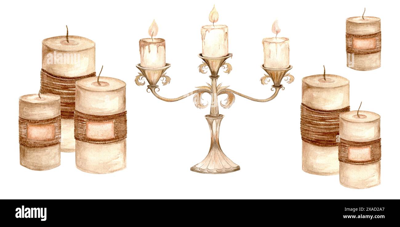 Set of watercolor illustrations of candlestick and candles in retro ...
