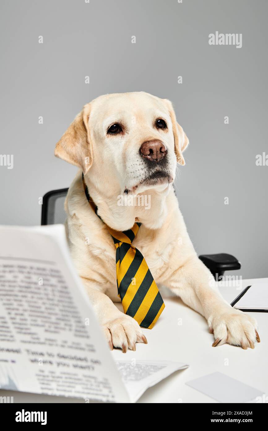 A dog wearing a tie sits at a desk, looking professional and ready for ...