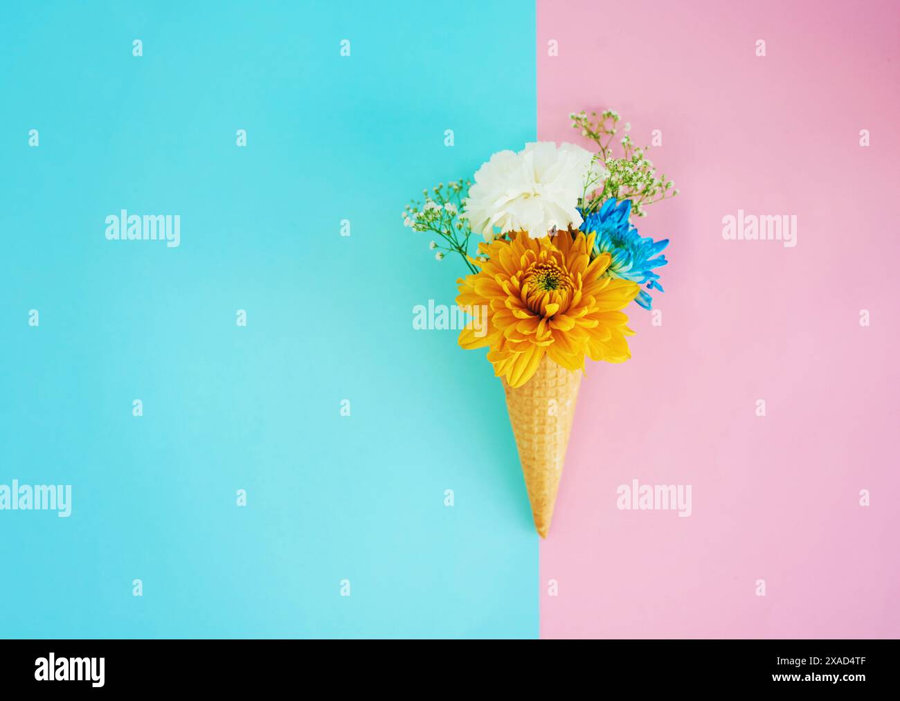 Flowers, cone and ice cream in a studio for decoration, creativity or ...
