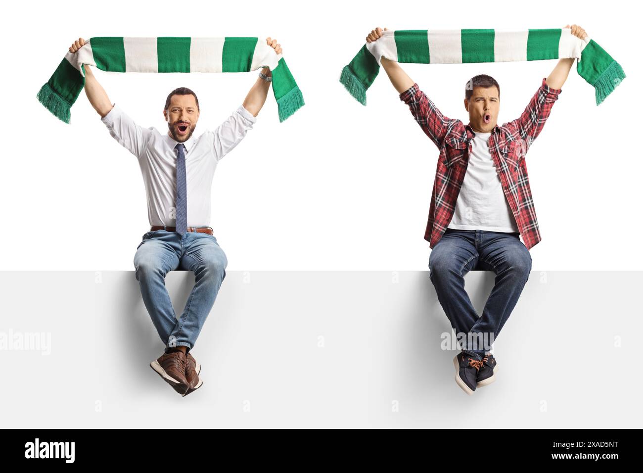 Two men sitting on a panel and cheering with scarfs isolated on white ...