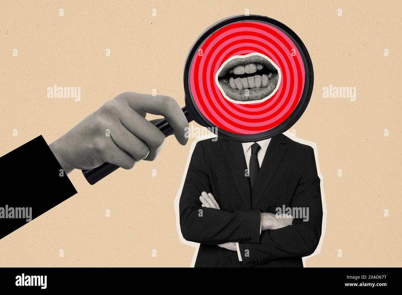 Composite collage picture image of hand hold magnifier loupe mouth ...