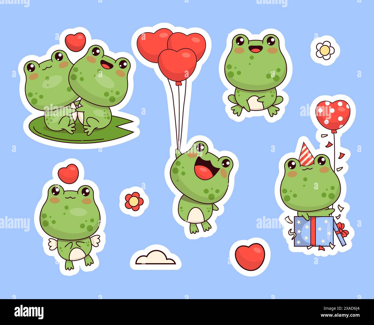 Cute frogs. Sticker collection. Funny holiday animal kawaii character ...