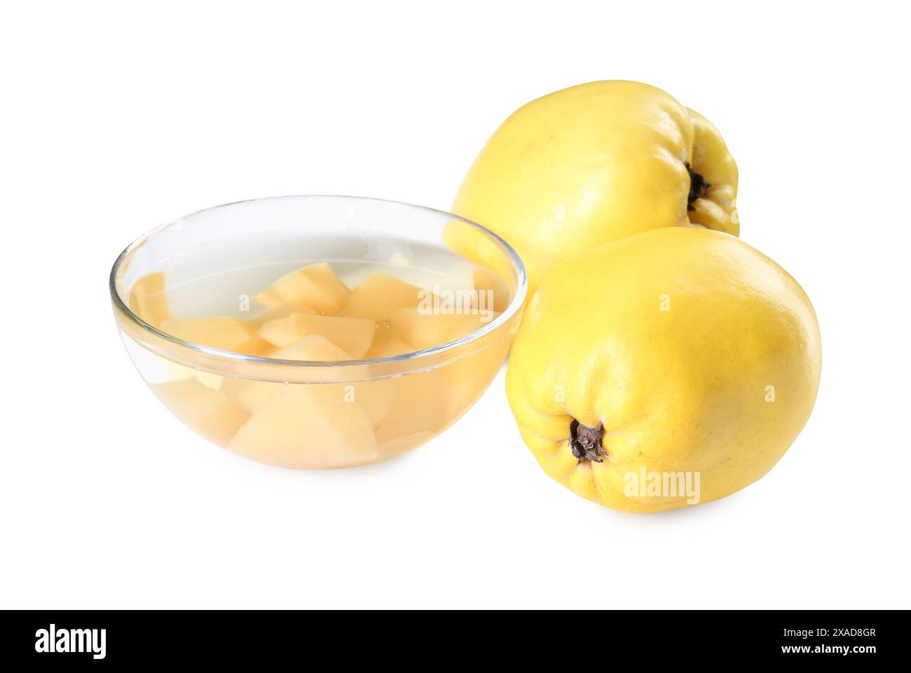Delicious quince drink in glass bowl and fresh fruits isolated on white ...