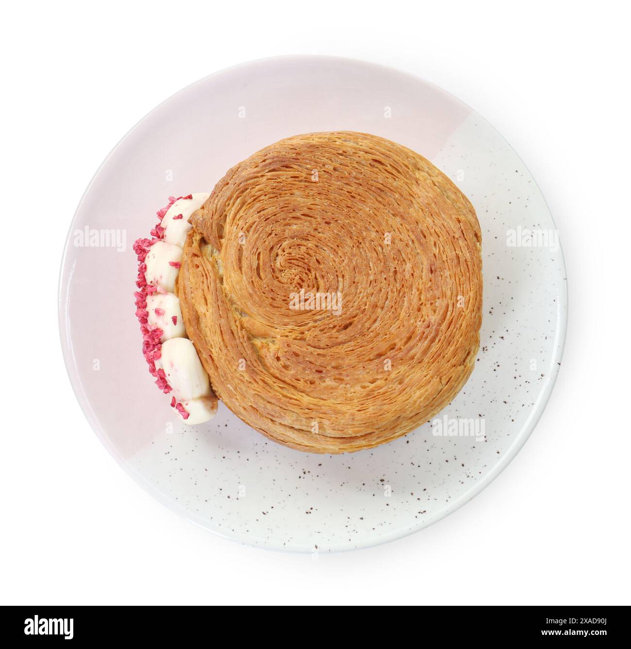 Round croissant with cream isolated on white, top view. Tasty puff ...