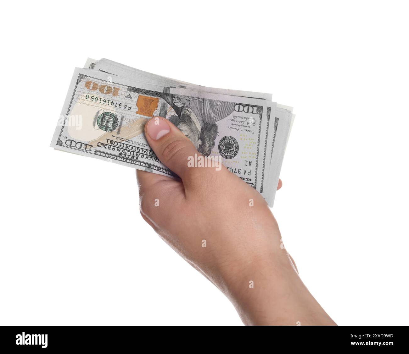 Money exchange. Man holding dollar banknotes on white background ...