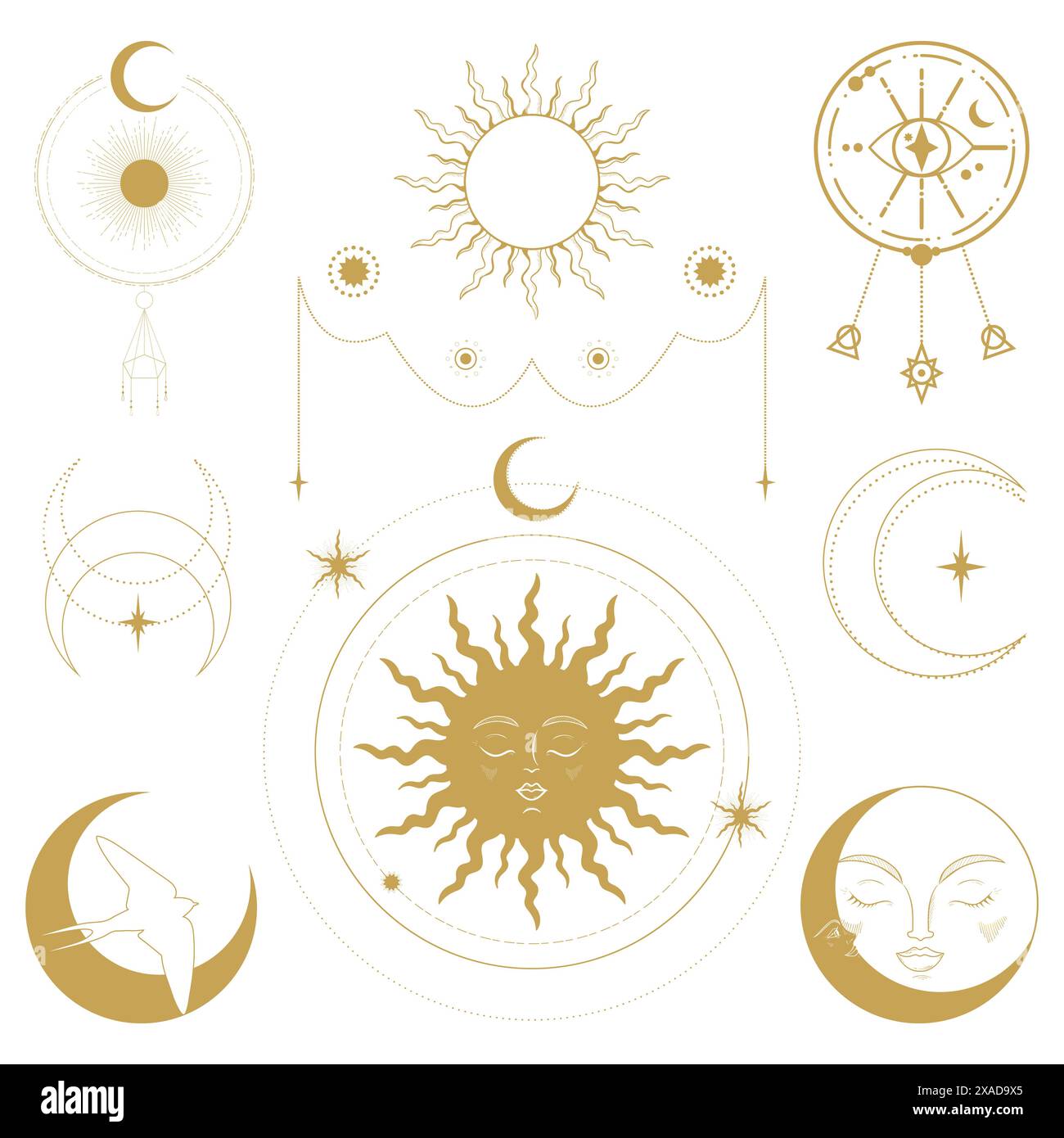 Celestial emblems with sun, crescent, bird and all seeing magical eye ...