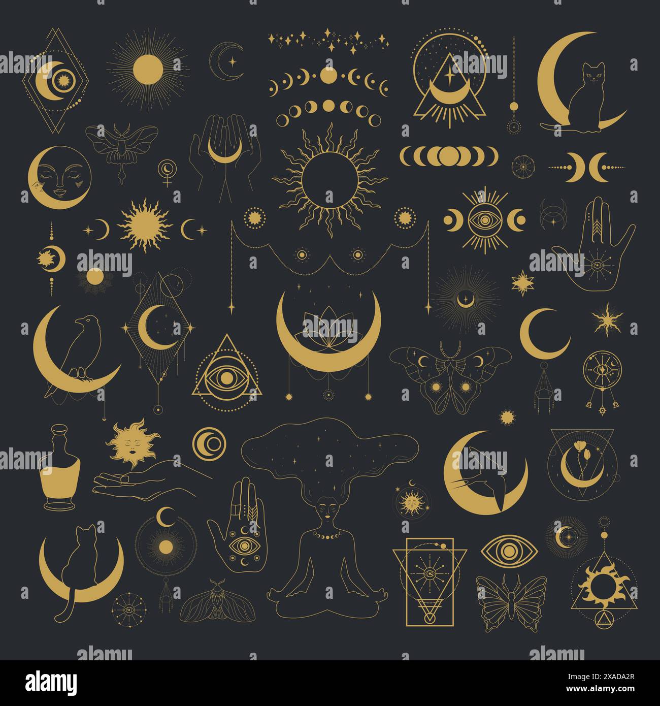 Big set of celestial magical and astrological symbols. Mystical emblems, magical animals, space ...