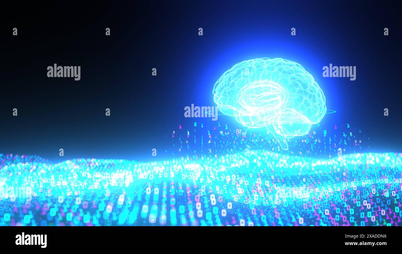 Digital Brain Data - 3D illustration Virtual brain with a digital ...