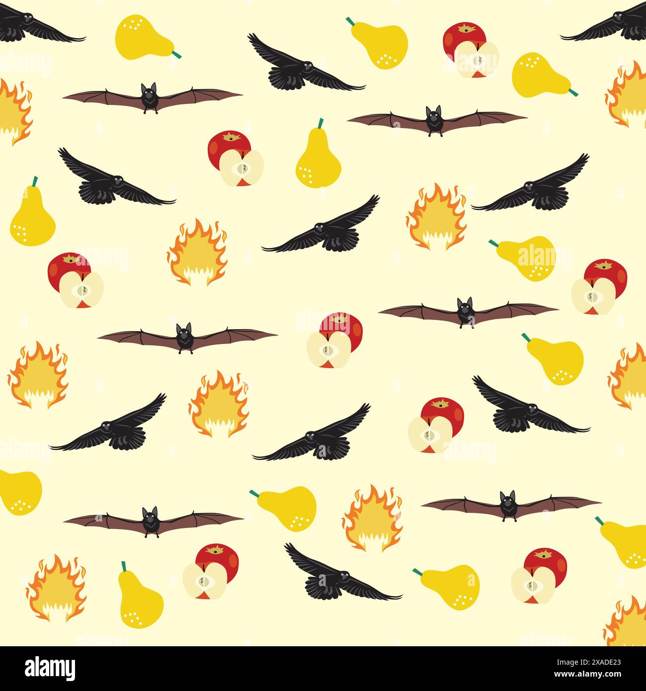 cute bat and crow with apple, peer, fire as a pattern background Stock ...