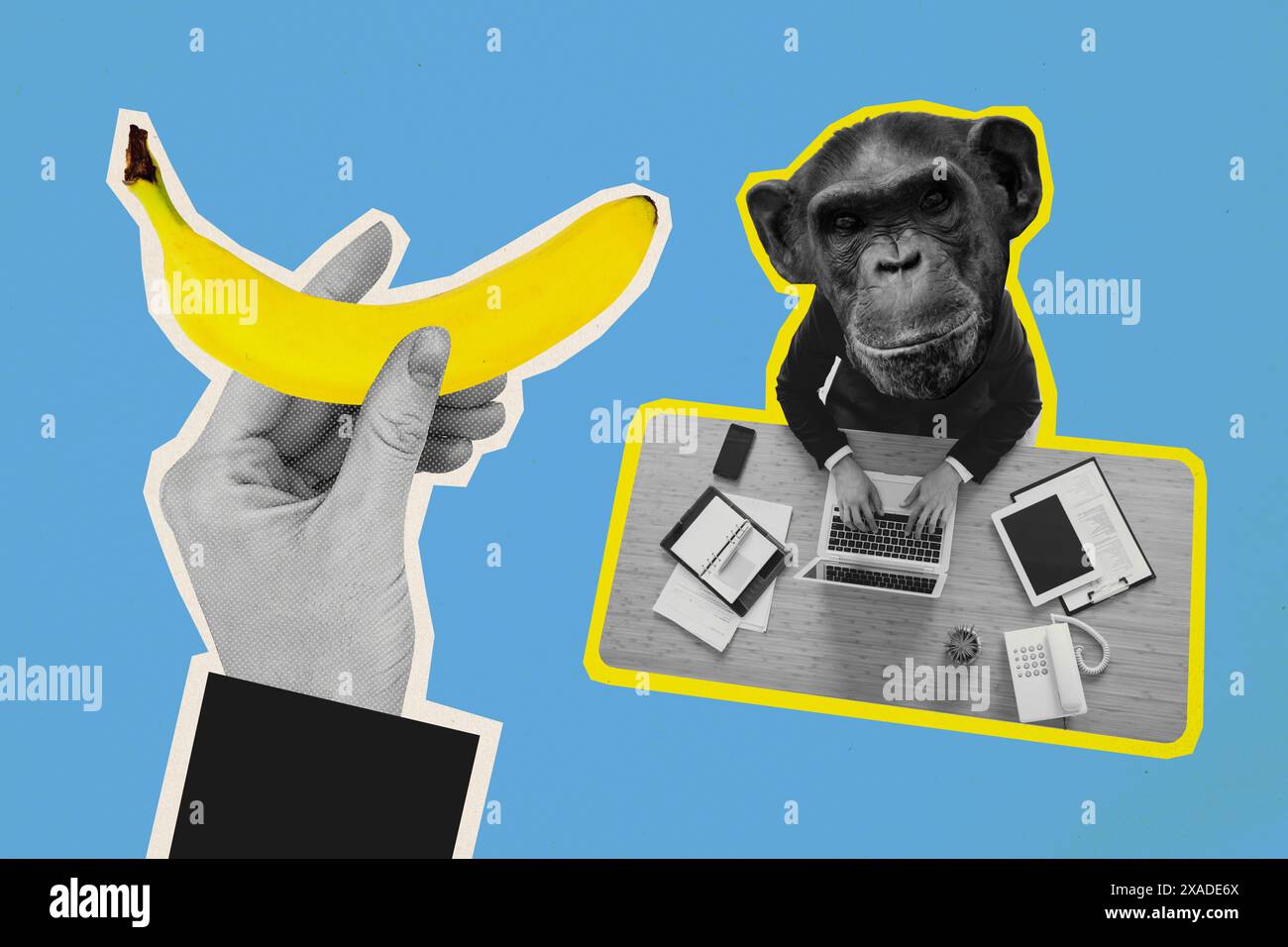 Composite collage picture image of working monkey hand hold banana ...