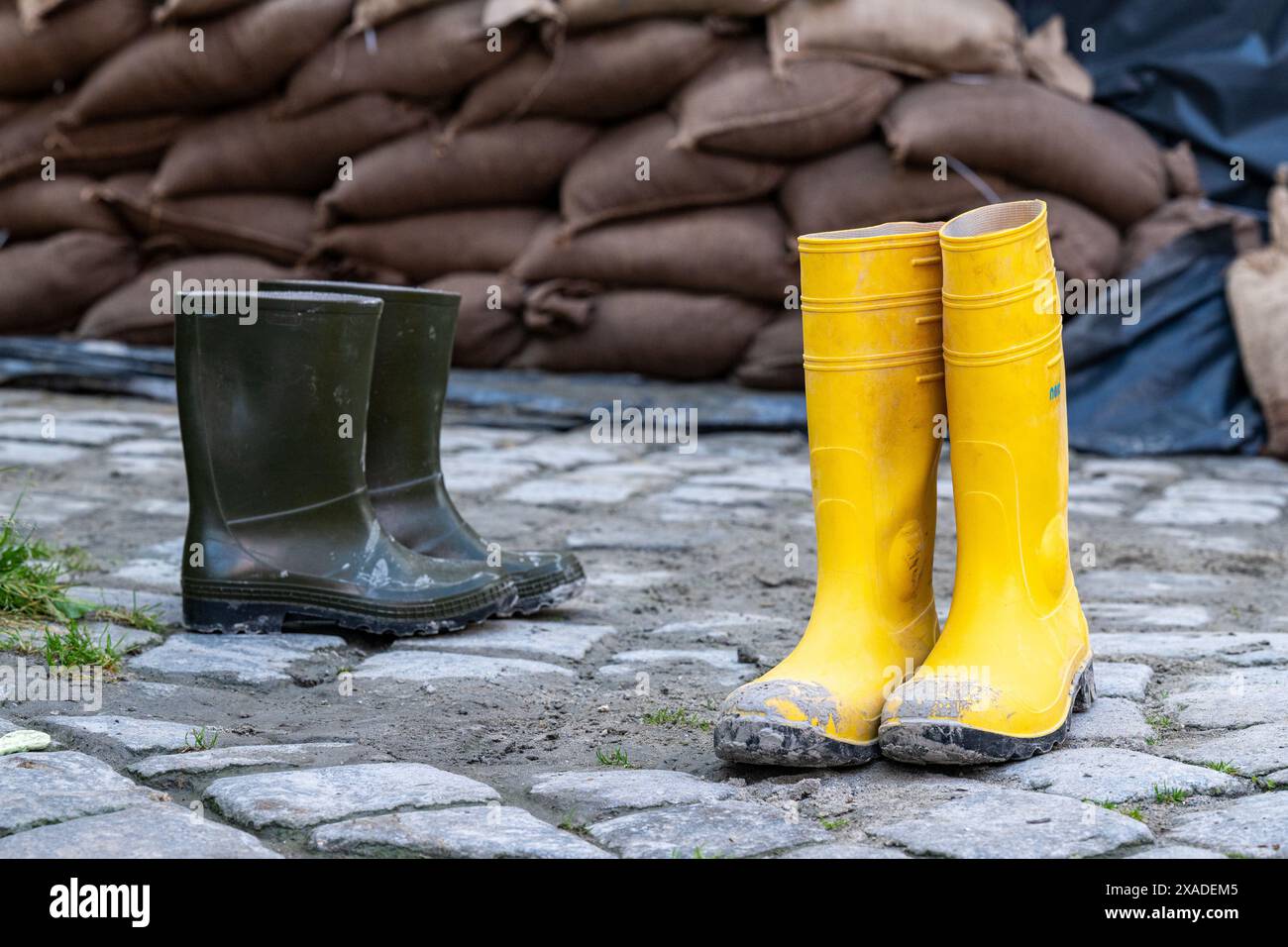 Passau, Germany. 06th June, 2024. Rubber boots stand in front of ...