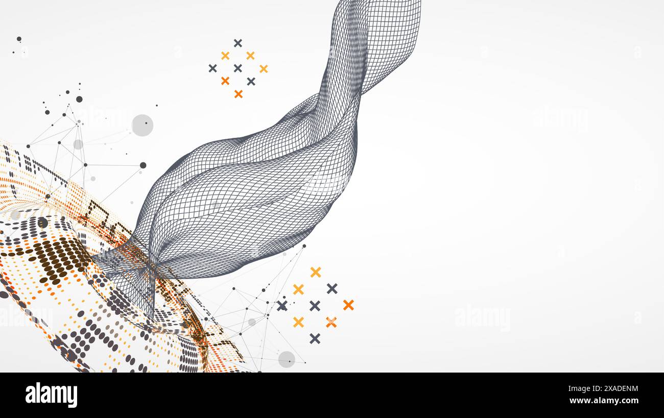 Halftone theme vector with wireframe wave. Science abstract background with connecting dots and ...