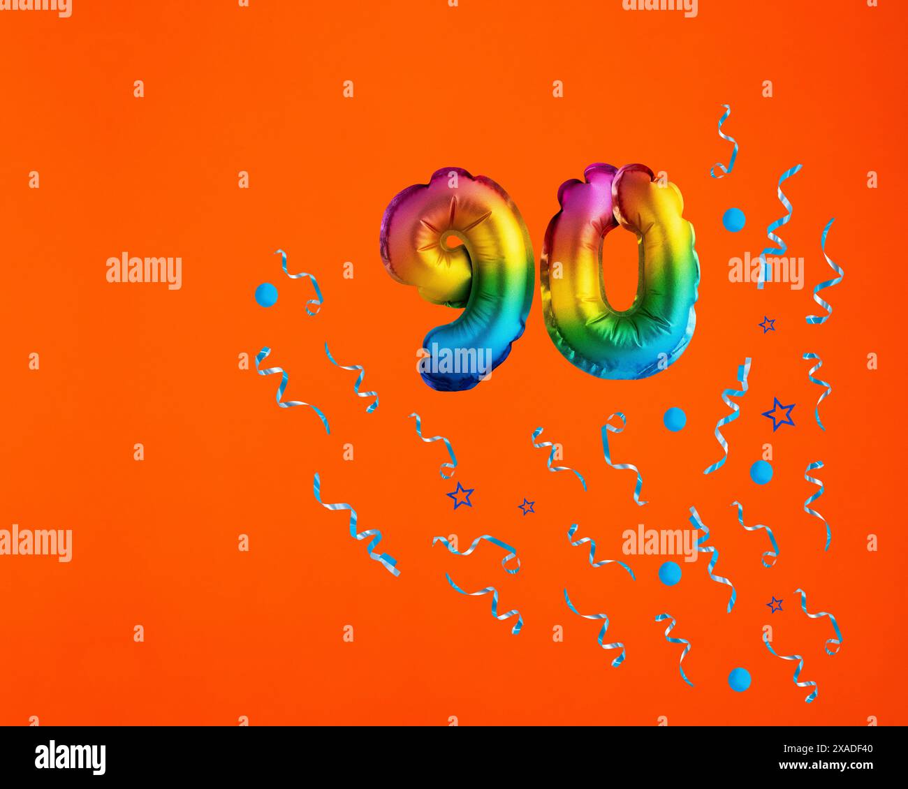Multicolor balloon number 90 - Confetti explosion on orange background ...