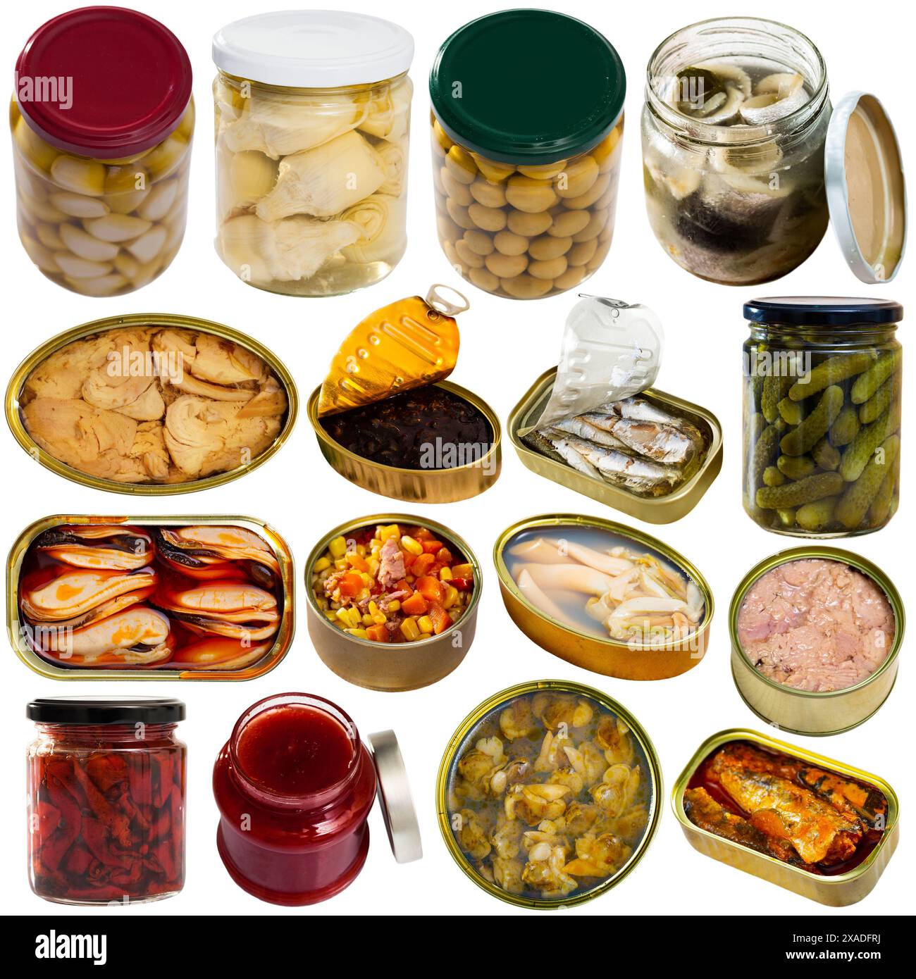 Set of canned goods on white background Stock Photo - Alamy