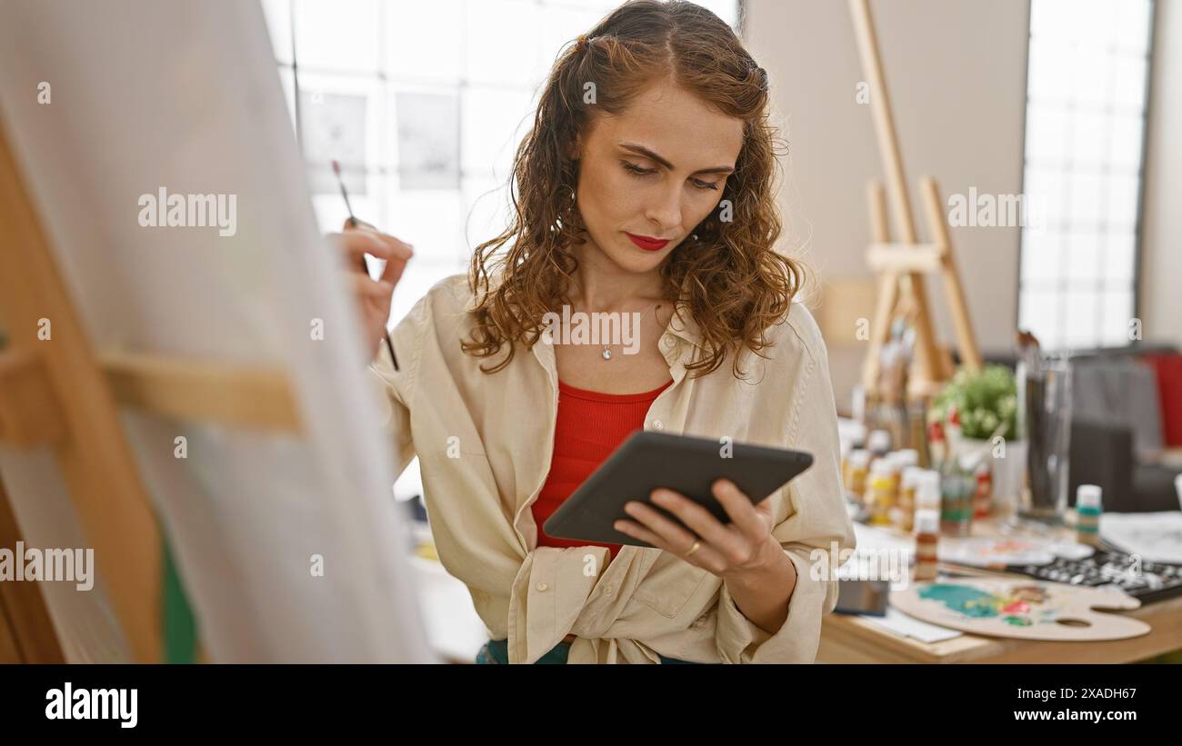 Young, relaxed woman artist seriously draws on touchpad, looking at her ...