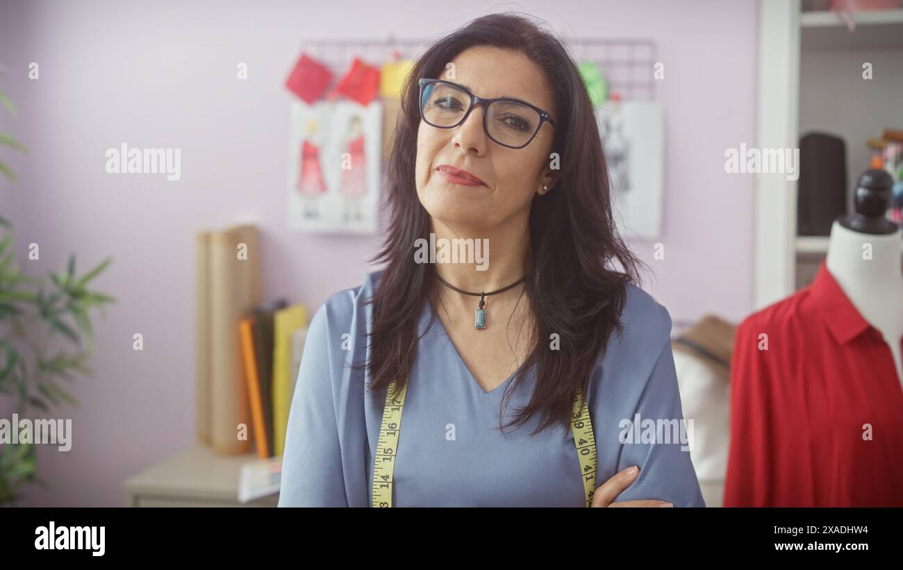 Confident hispanic woman tailor with glasses and measuring tape stands ...